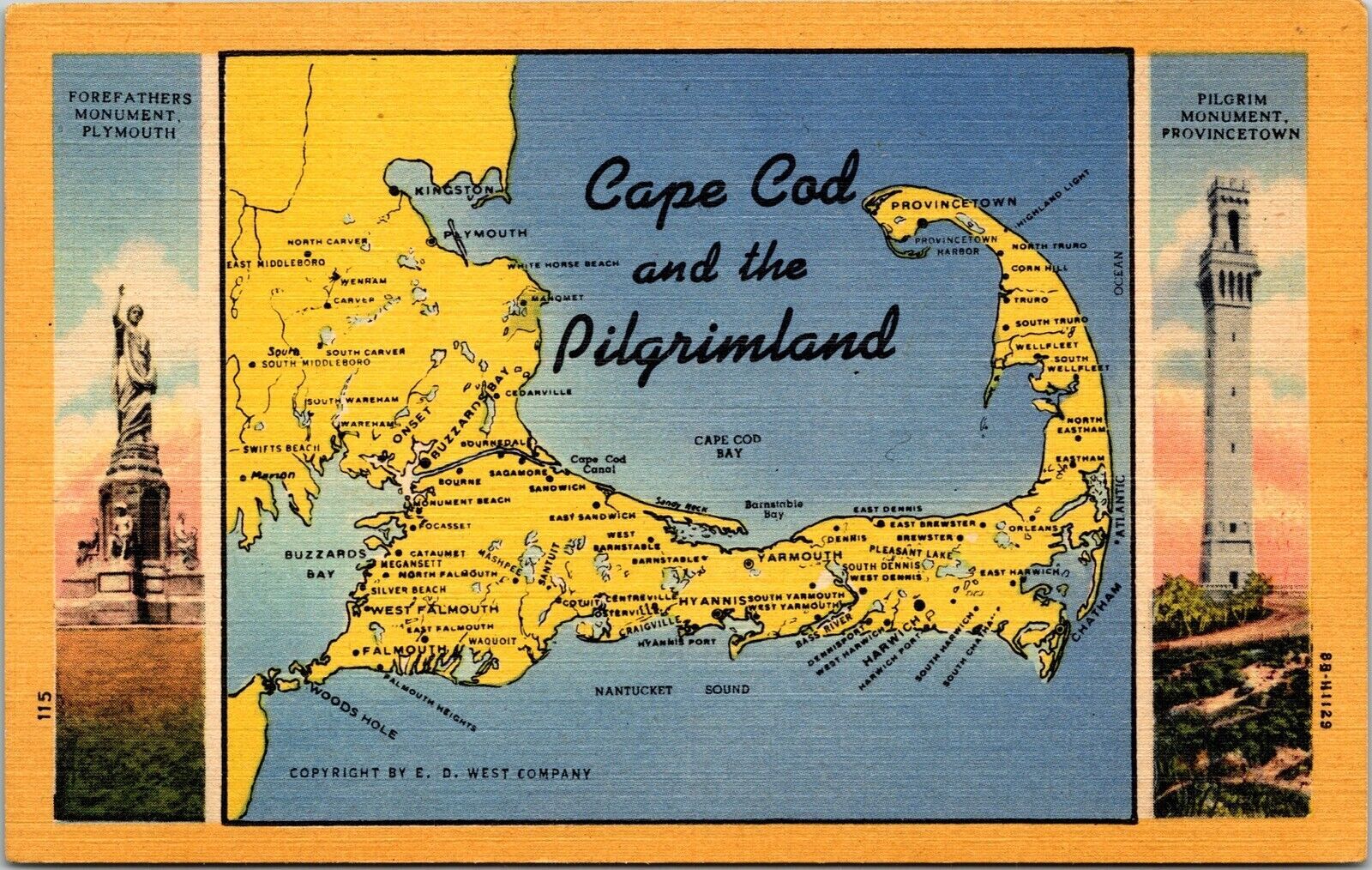 Cape Cod Massachusetts Map Pilgrimland Multi View Cities Linen Postcard ...