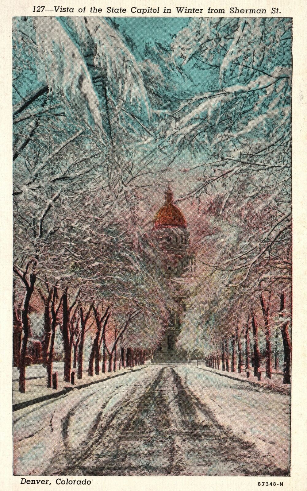 Vintage Postcard 1920's Vista Of The State Capitol Winter Sherman St ...