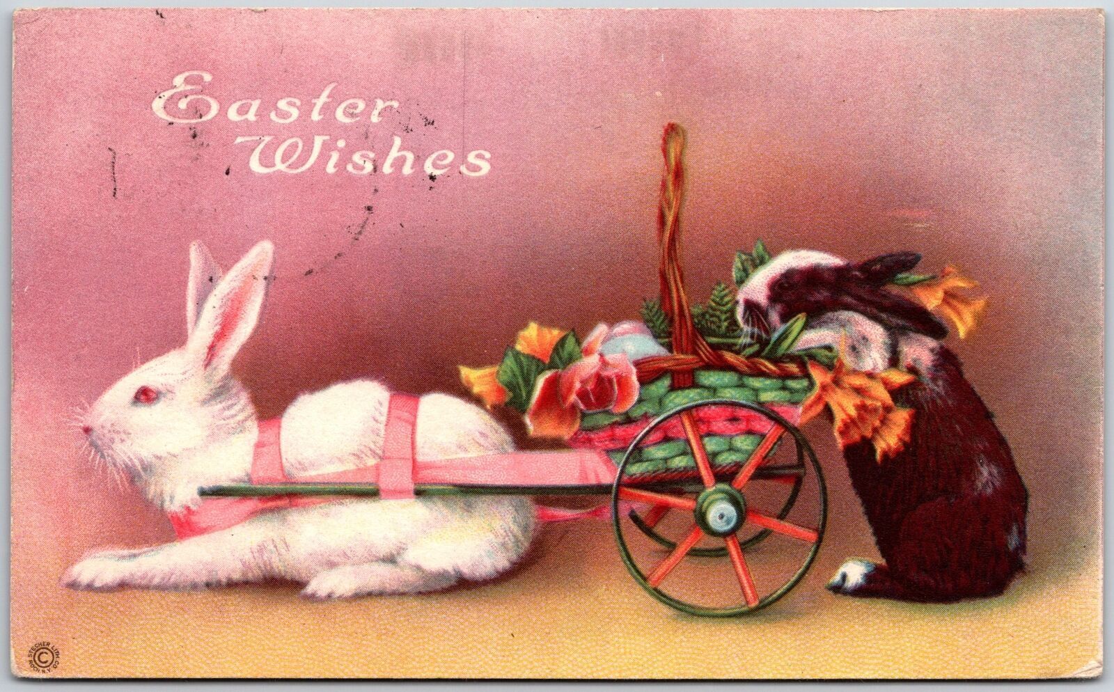 Easter Wishes Rabbits Pushing Carts Basket of Flowers Greetings ...