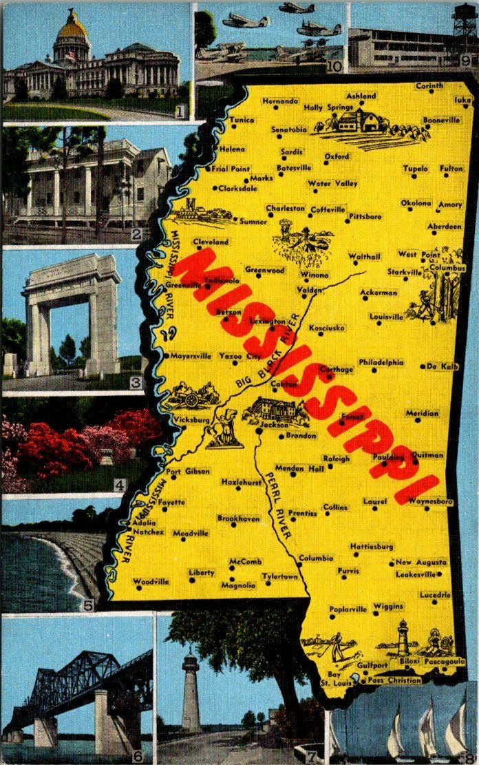 Vintage Postcard MAP of State of Mississippi and Multi-Views Fresh ...