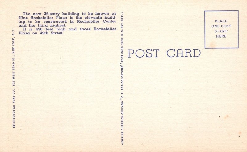 Vintage Postcard Nine Rockefeller Plaza 36-Story Building New York City ...