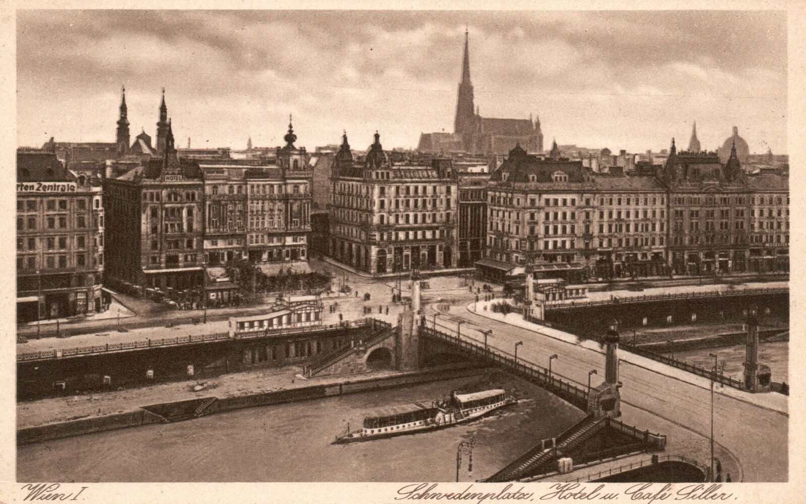 Vintage Postcard 1920's View of Schwedenplatz Hotel Cafe Siller Vienna ...