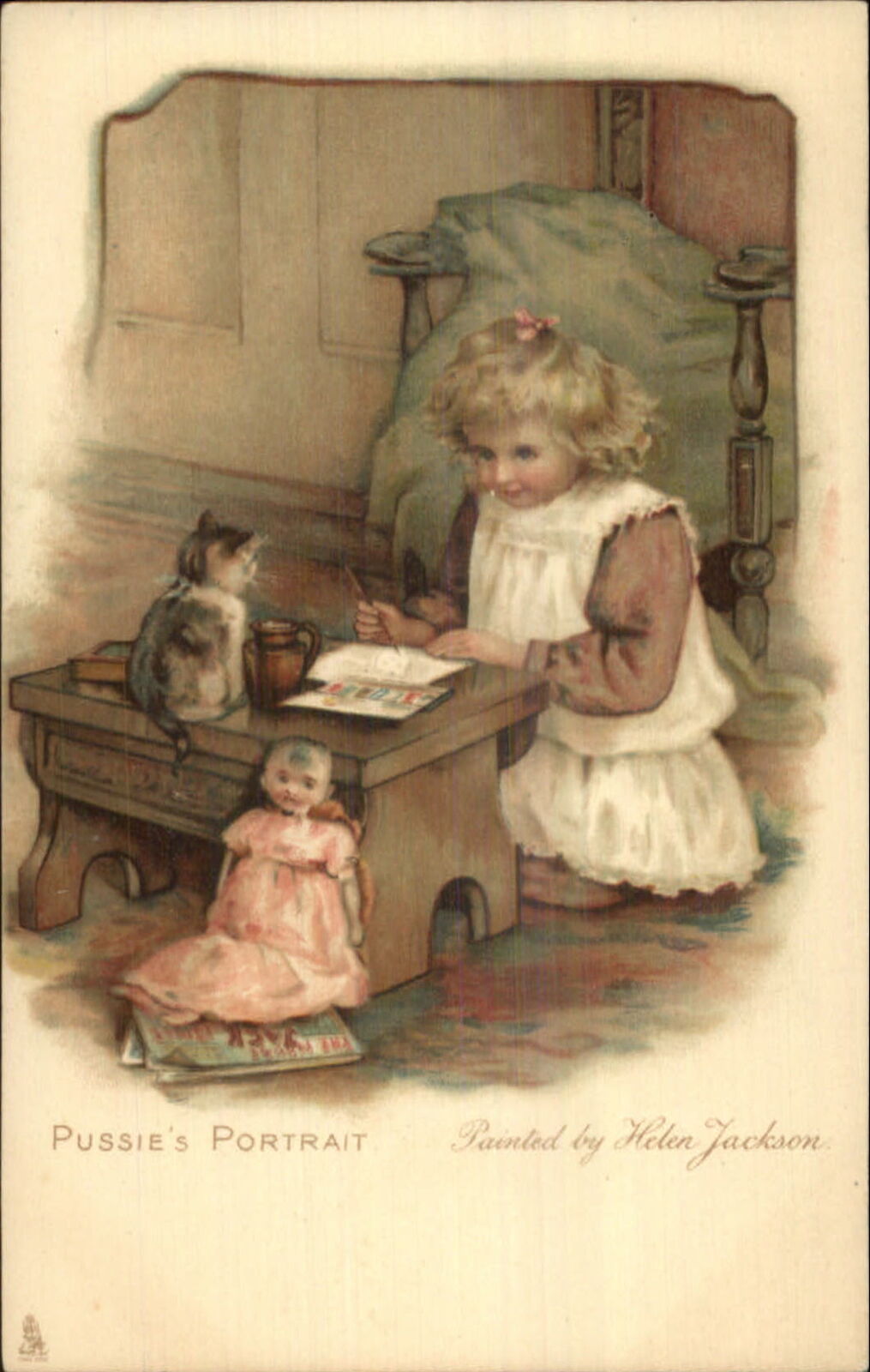 Little Girl Drawing Her Cat PUSSIE'S PORTRAIT Helen Jackson TUCK #6749 ...