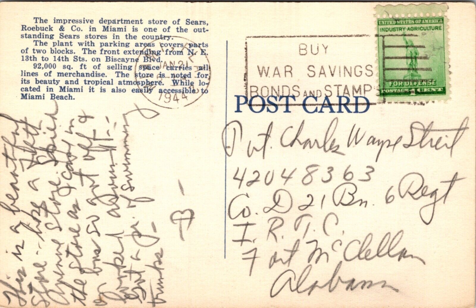 Linen Postcard Sears Roebuck & Co Department Store Miami, Florida ...