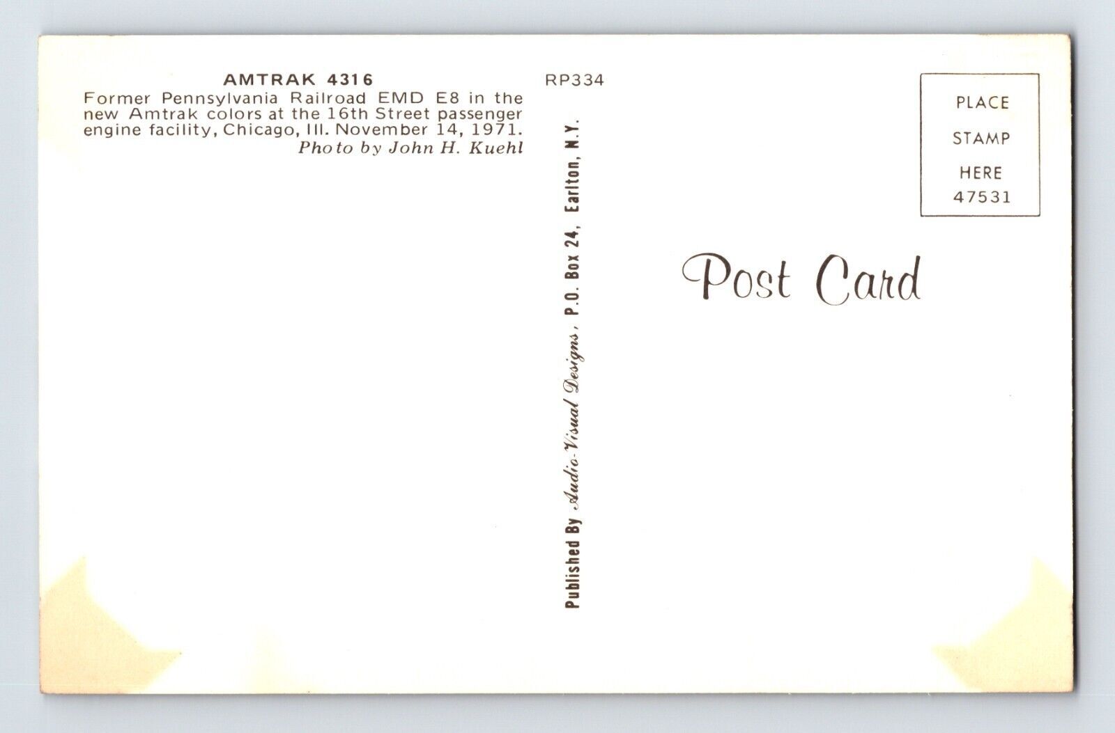 Postcard Railroad Train Amtrak 4316 EMD E8 Chicago Illinois IL 1971 ...