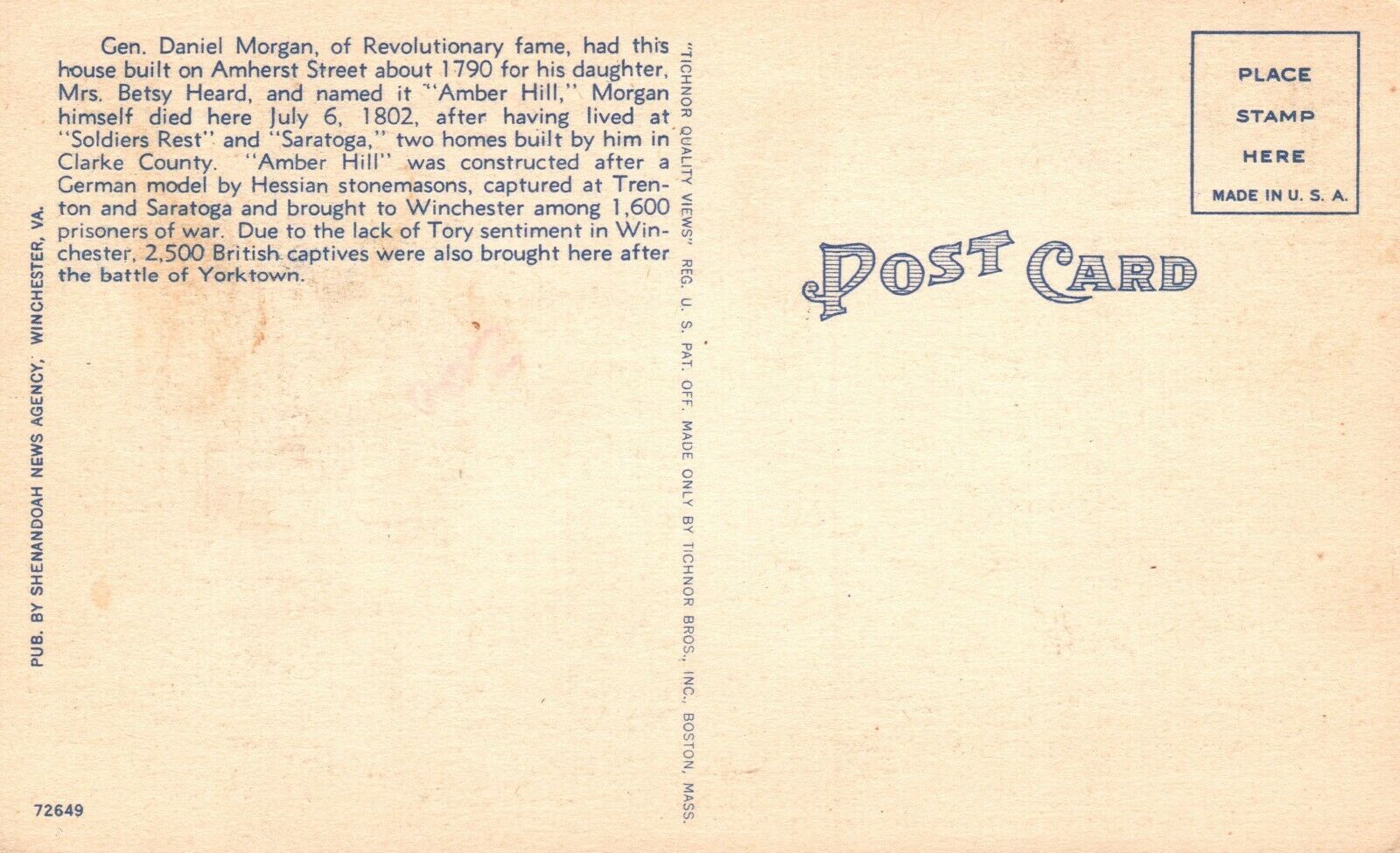 Vintage Postcard 1930's General Daniel Morgan's Home VA Virginia Pub ...