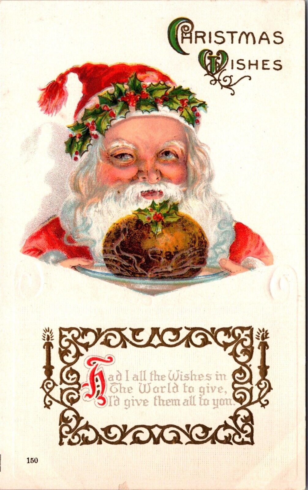 Christmas Postcard Santa Claus Wearing Holly Crown Holding Pudding Ball ...