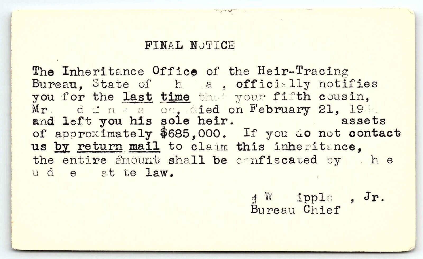 1954 Inheritance Scam Final Notice to Sole Heir Vintage Postcard P705 ...