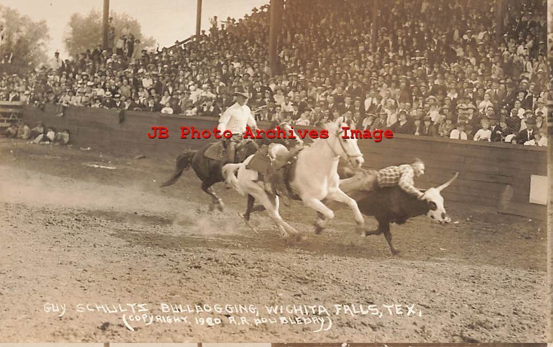 TX, Wichita Falls, Texas, RPPC, Rodeo, Cowboy Guy Schultz Bulldogging ...