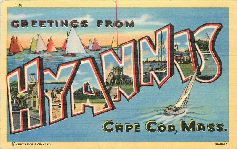 Hyannis Cape Cod Massachusetts large letters Teich 1950s Postcard 21 ...
