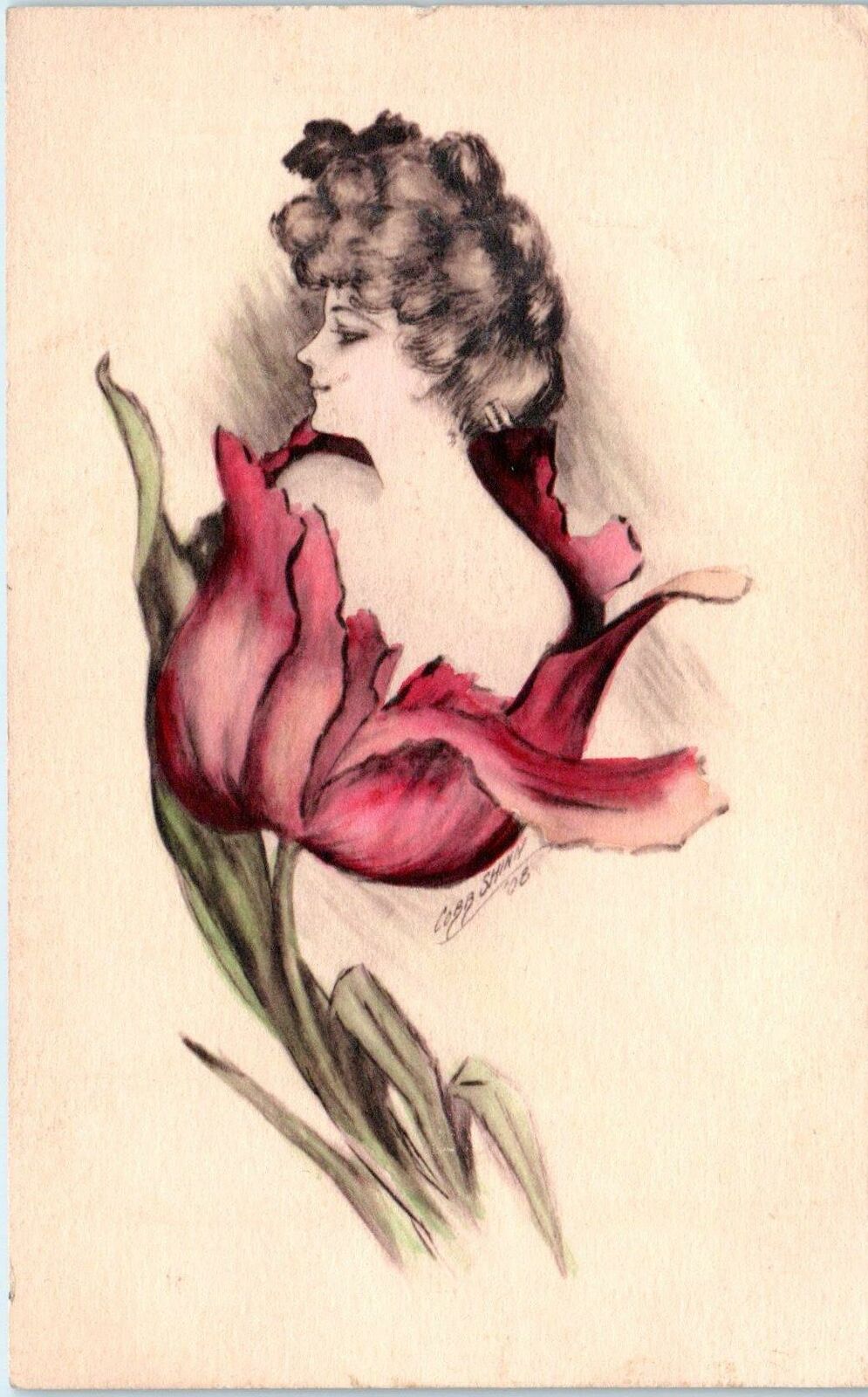SIGNED ARTIST COBB SHINN 1909 Fantasy WOMAN in FLOWER Handcolored ...