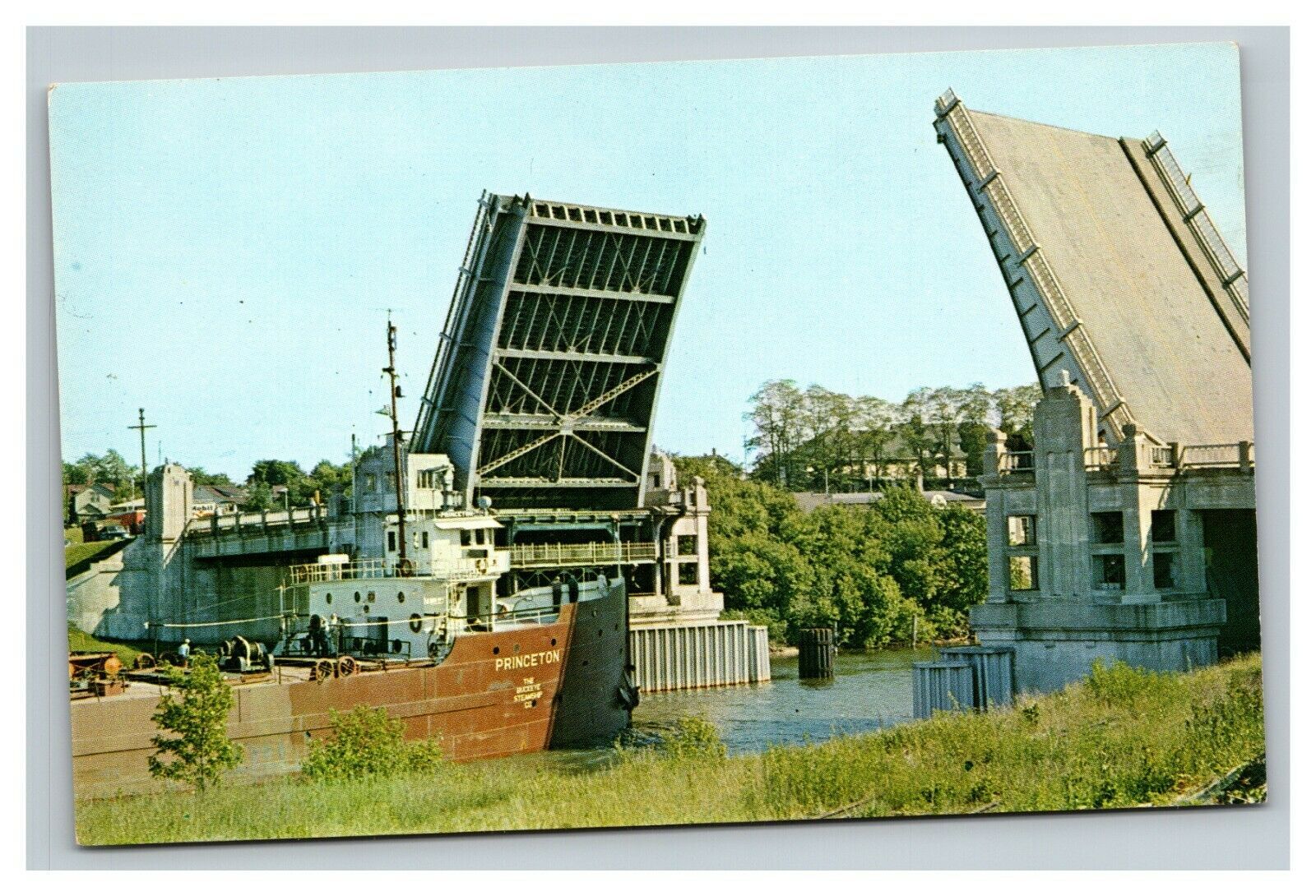 Vintage 1960's Postcard Cargo Ship Under Manistee Memorial Drawbridge ...