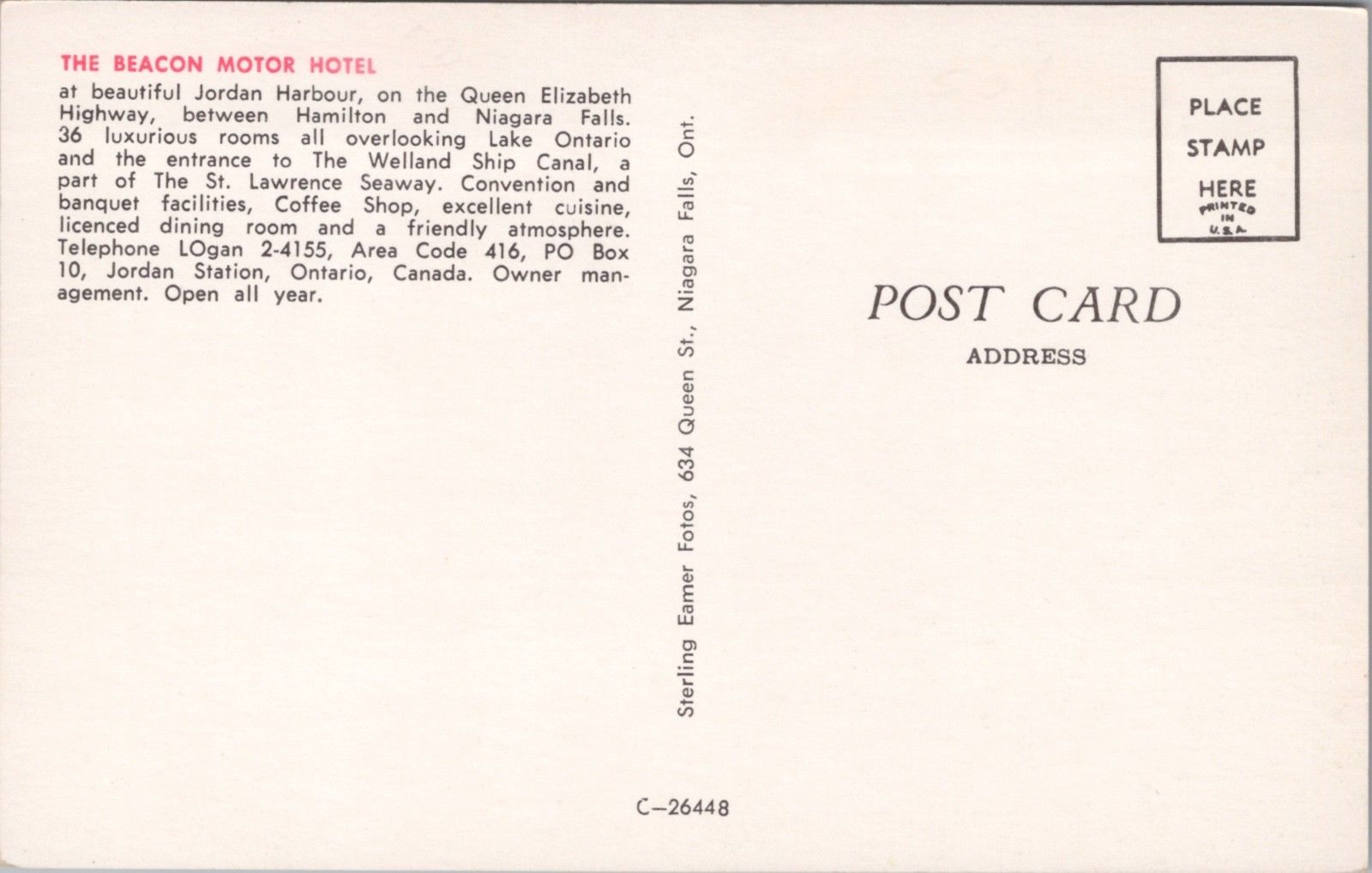 The Beacon Motor Hotel Jordan Station Ontario ON Ont Unused Vintage ...