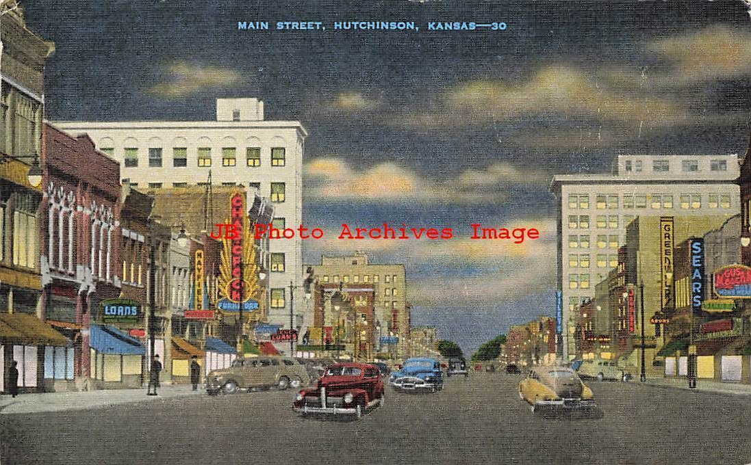 KS, Hutchinson, Kansas, Main Street at Night, Business Section, EC ...