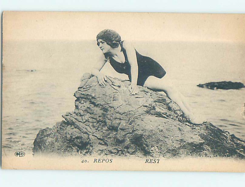 Pre-Linen Risque Sexy Beach Girl Sitting on Rock at Beach in France ...