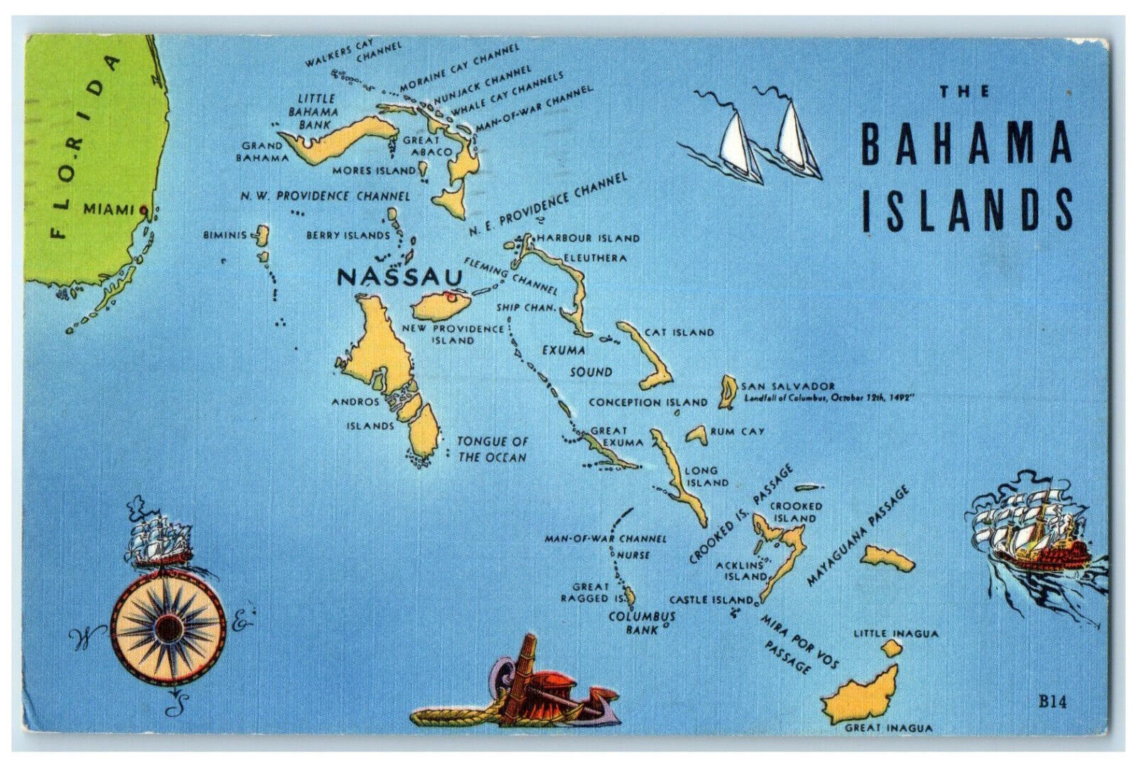 1964 The Bahama Islands Map As Guide for Tourists with Compass Nassau ...