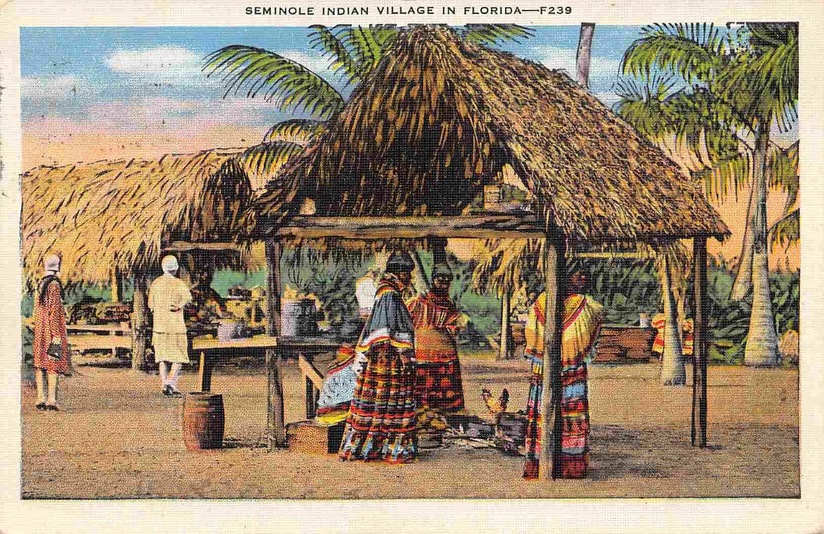 Seminole Native American Indian Village Florida 1937 linen postcard ...