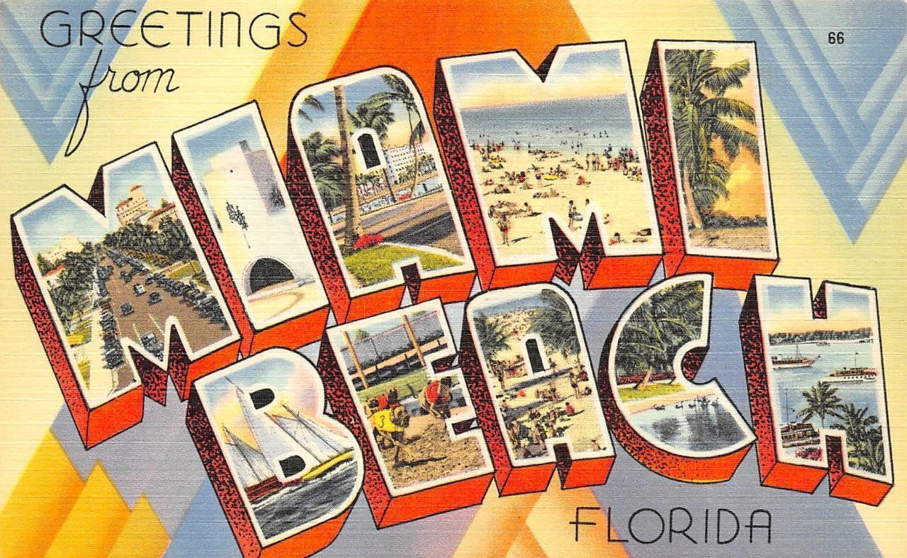 FL, Florida MIAMI BEACH LARGE LETTER LINEN Greetings ca1940's Tichnor ...