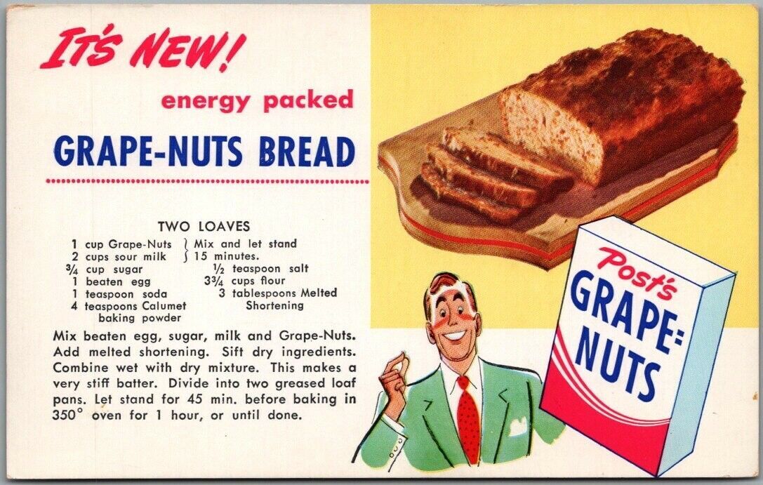Vintage 1950s POST CEREAL Advertising Postcard GRAPE-NUTS / Bread Recipe /Unused | Ephemera ...
