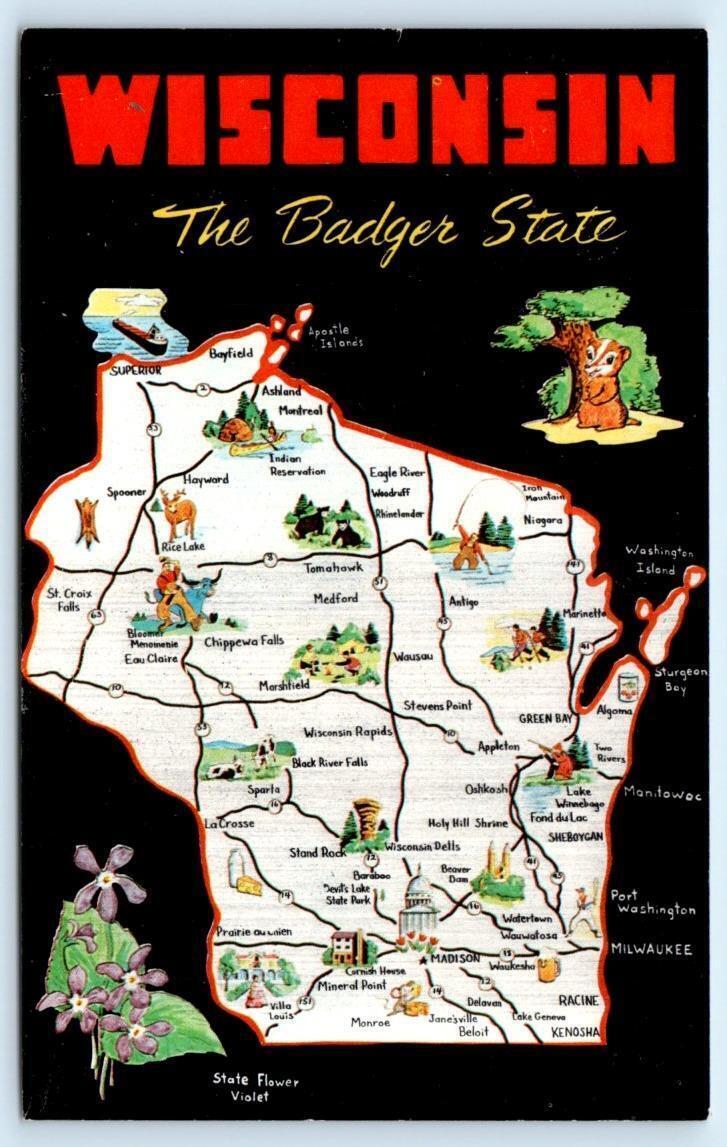 WISCONSIN ~ c1960s Pictorial MAP Postcard The BADGER STATE | United ...