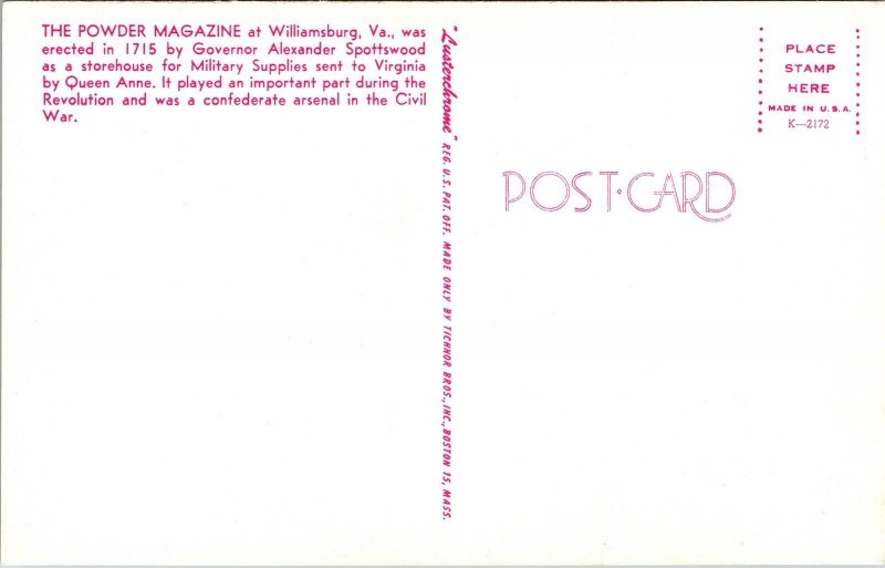 Powder Magazine Williamsburg VA Virginia Postcard UNP VTG Tichnor ...