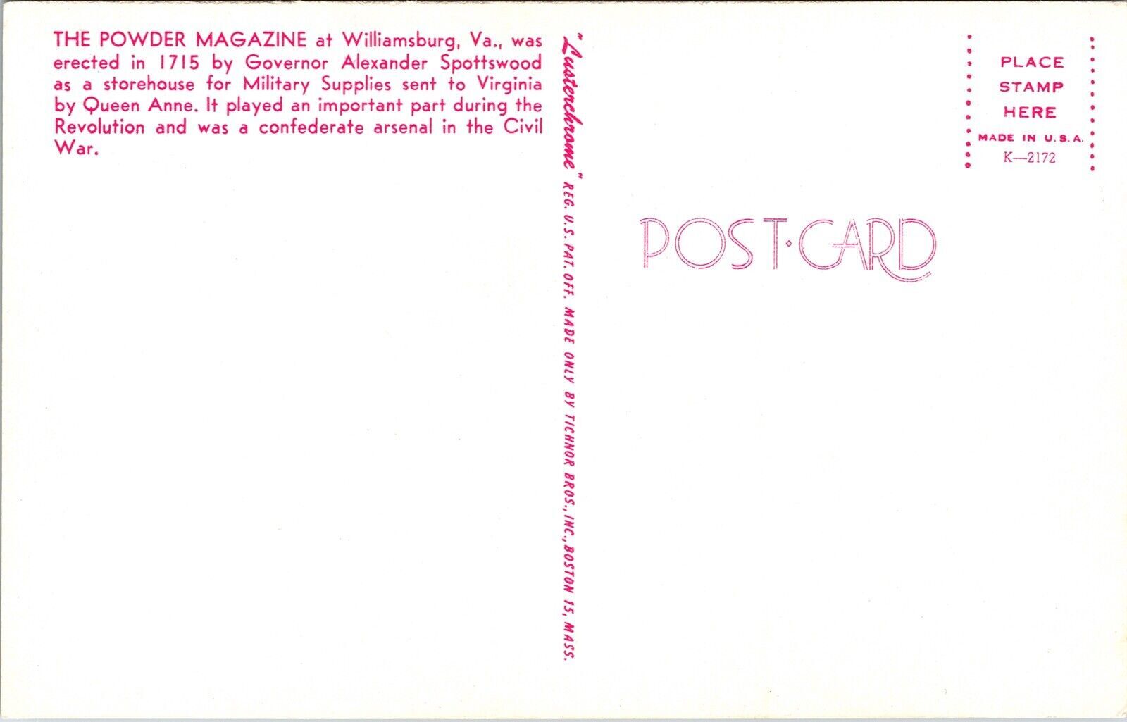 Powder Magazine Williamsburg VA Virginia Postcard UNP VTG Tichnor ...