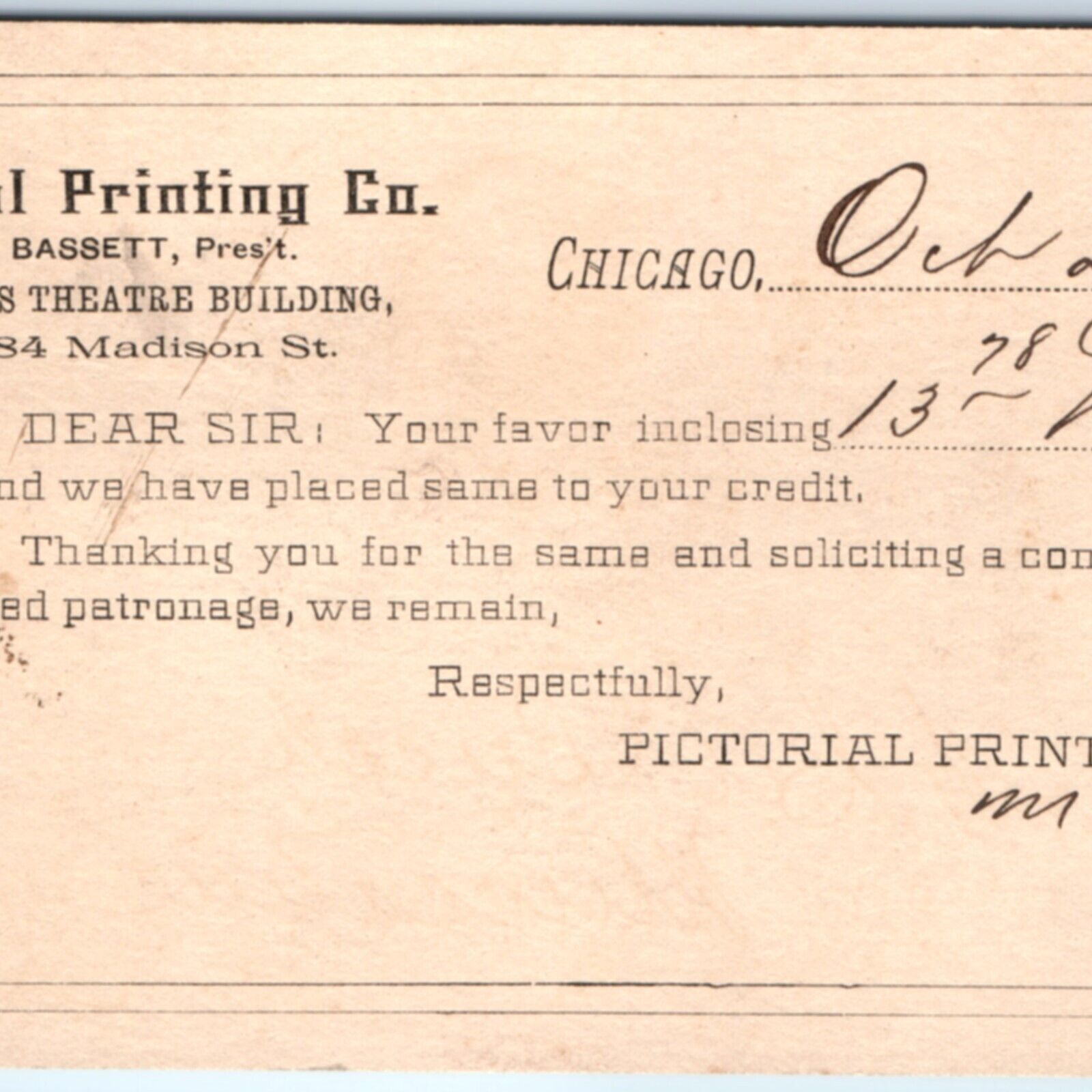 1887 Chicago Pictorial Printing Co Order Receipt PC Wm. Busch Muscatine ...