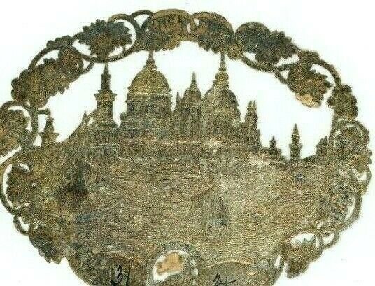 1870s-80s Die-Cut Dresden Fabric Label Buildings Boats Fab! P225 ...
