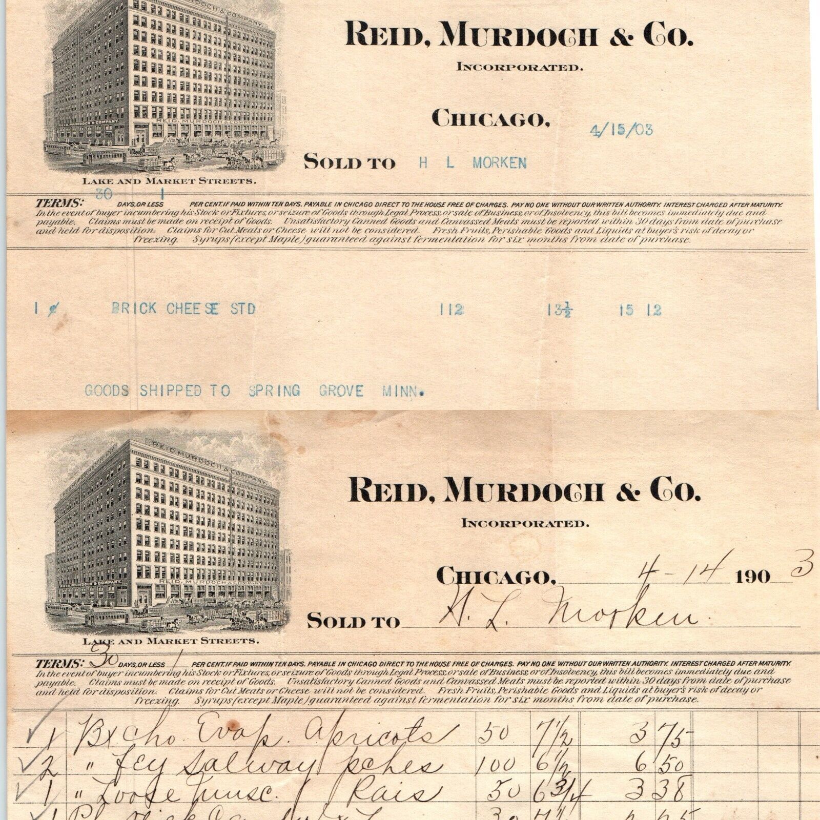 x2 1903 Chicago, Ill Letterhead Lot Reid, Murdoch & Co Receipt Invoice ...