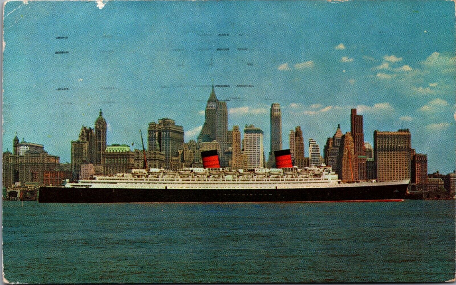 SS Queen Elizabeth Passing Lower Manhattan New York City Postcard B245 ...
