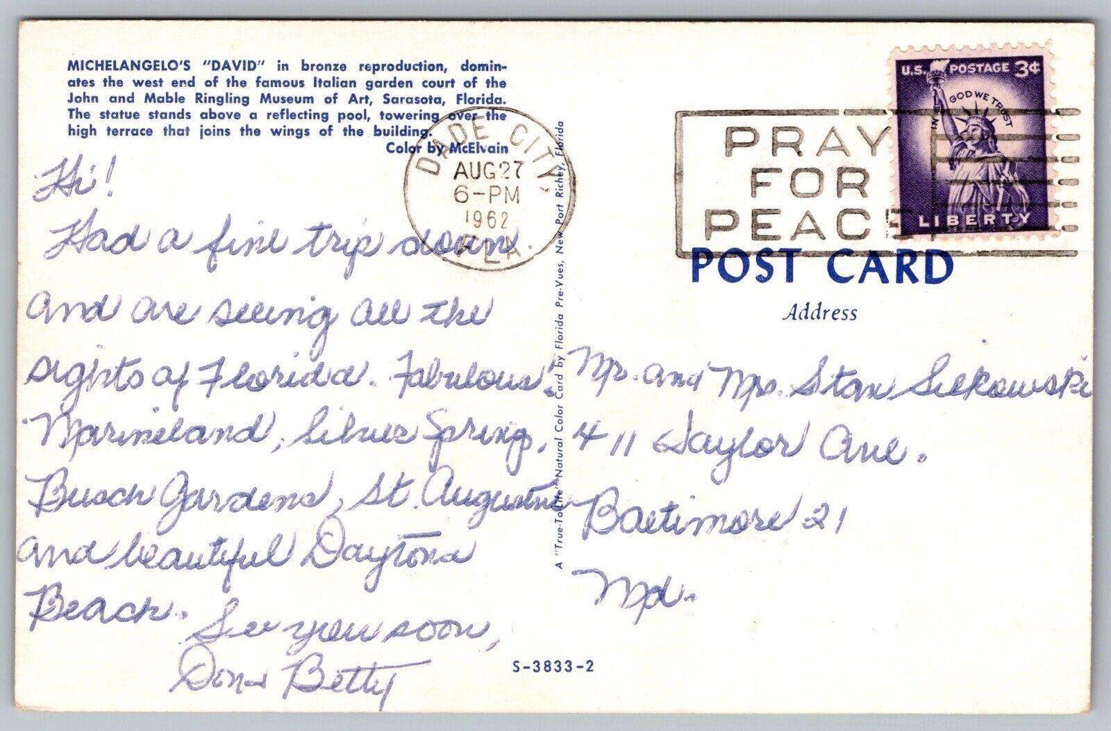 Sarasota FL Ringling Museum Michelangelos David Chrome Cancel WOB ...