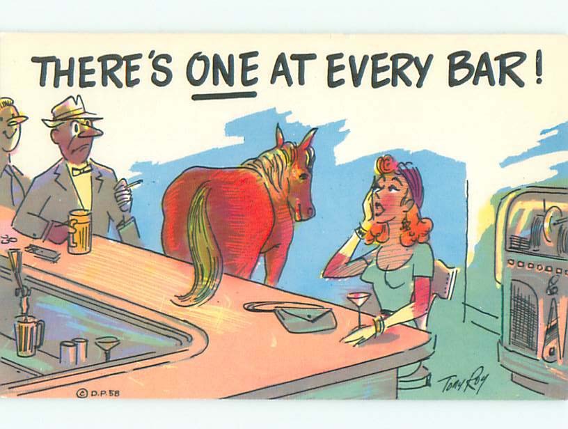 Pre-1980 Risque Comic Sexy Girl Drinking at the BAR Beside Horse Ab7025 ...
