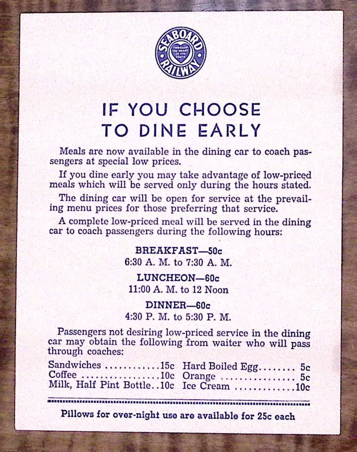 1930s Seaboard Railway Dining CAR Coach Small Menu Excellent Z2895 ...