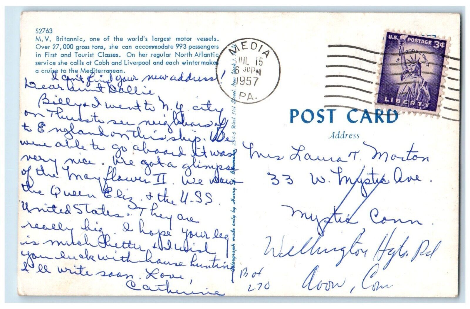 1957 MV Britannic Largest Motor Vessel Steamer Steamship Cruise Vintage ...