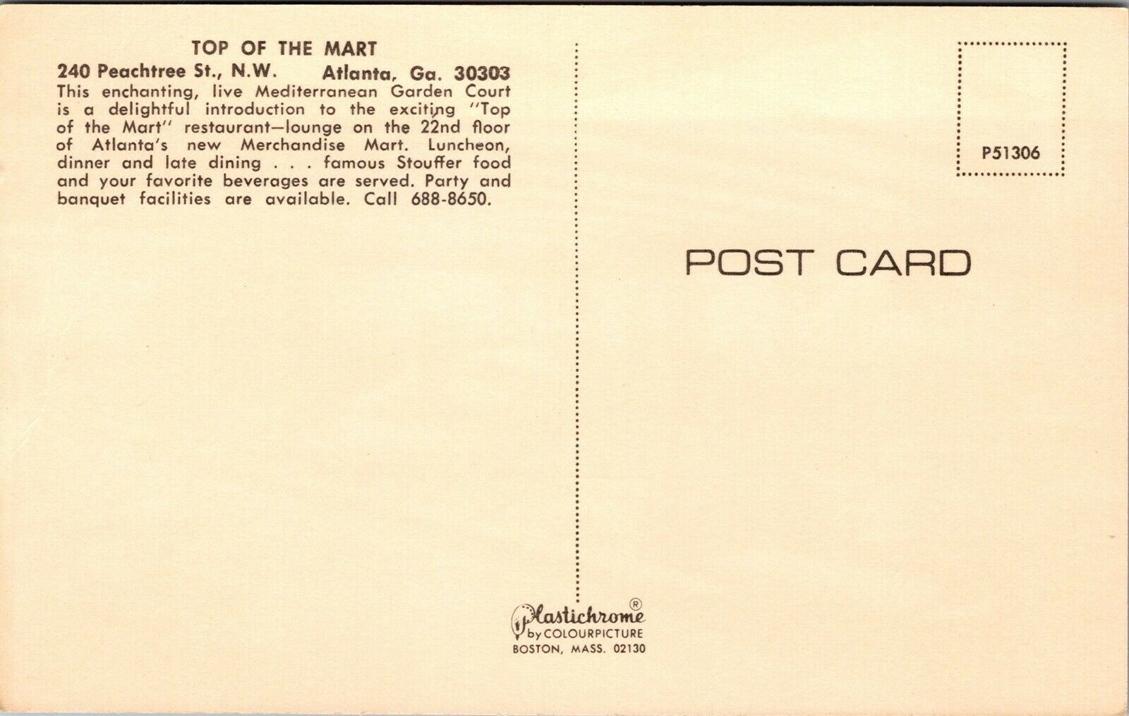 Vtg Atlanta Georgia GA Top of the Mart Restaurant Merchandise Mart ...