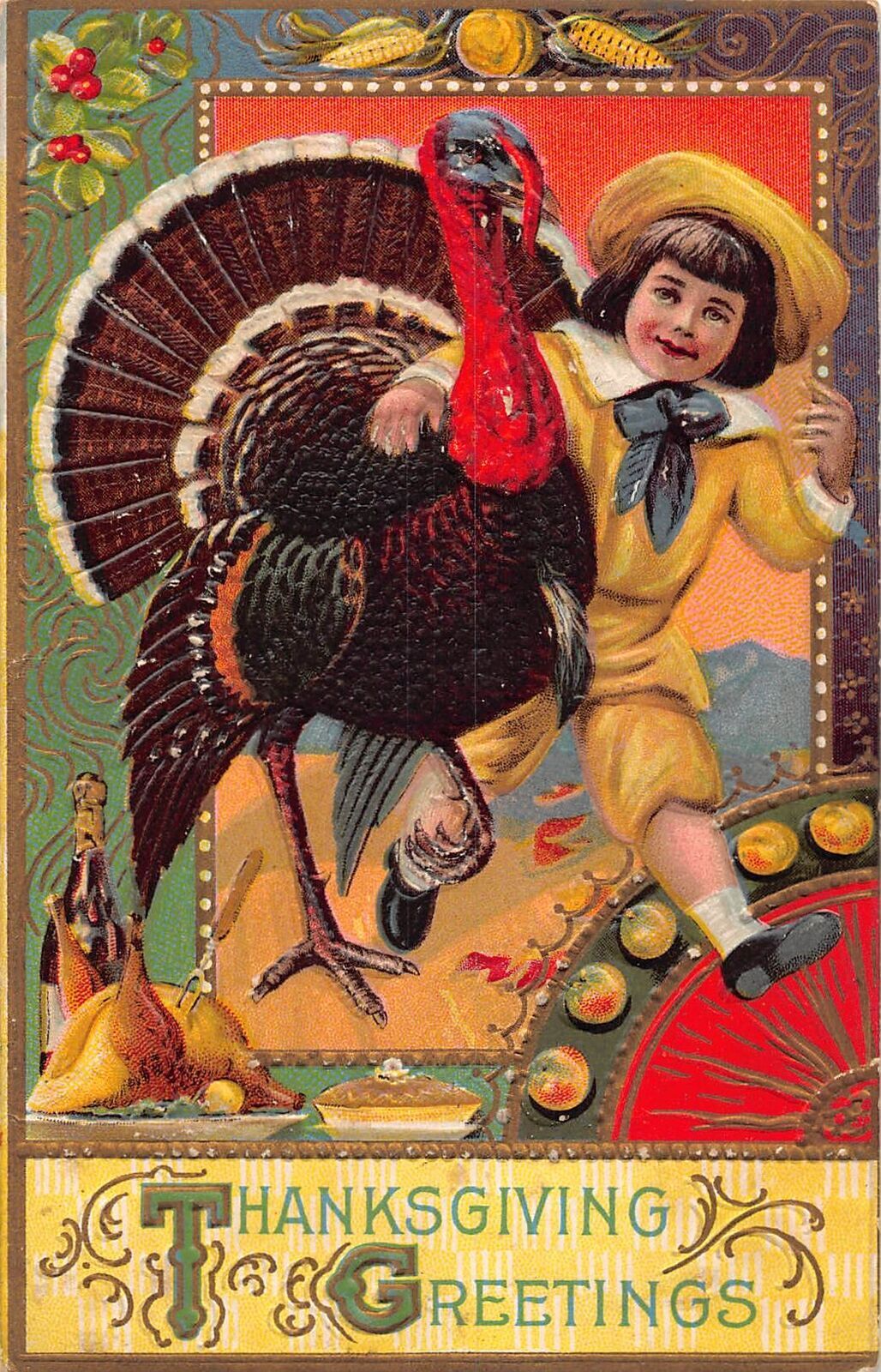 J85/ Thanksgiving Holiday Postcard c1910 Patriotic Turkey Child Hug 368 ...