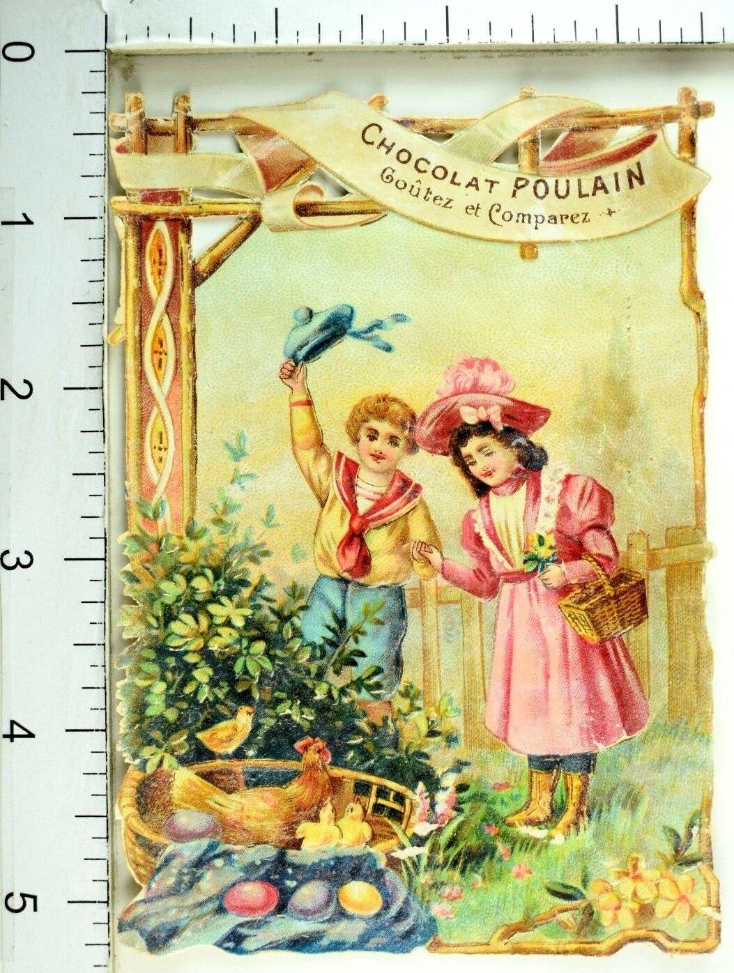 1880's Easter Chicken Chicks Colored Eggs Kids Chocolat Poulain Die Cut ...