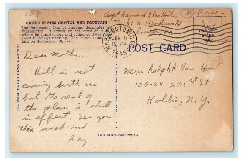 1946 United State Capitol Fountain Night Washington DC WW2 Soldier Mail ...