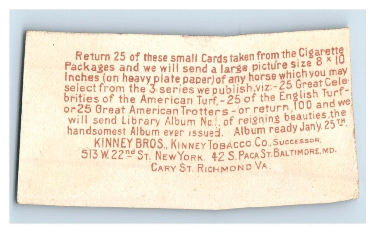 1885 Kinney Bros Tobacco Card Winner Race Horse Dew Drop Rider Walter ...