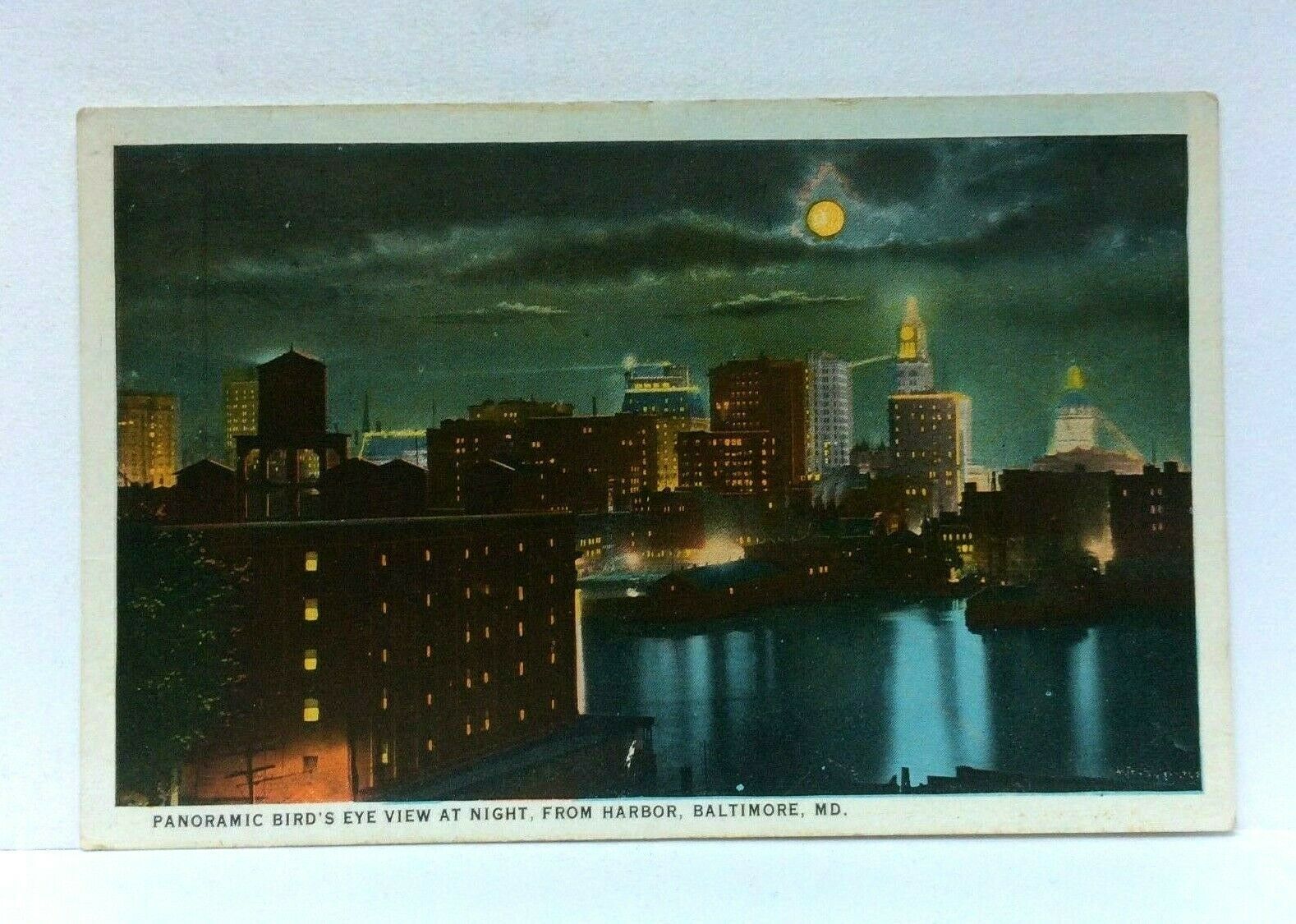 Baltimore Maryland Birds Eye View From Harbor At Night Vintage Postcard ...