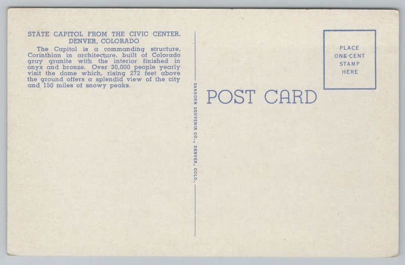 Denver Colorado~State Capitol View From Civic Center~Vintage Postcard ...