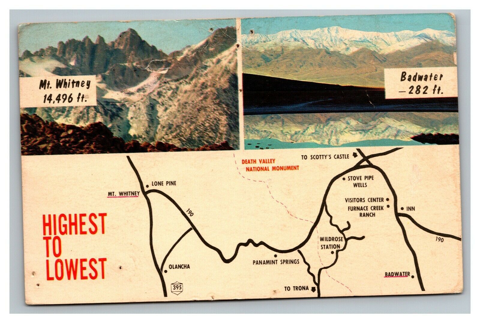 Vintage 1968 Postcard Road Map Mount Whitney & Badwater Death Valley ...