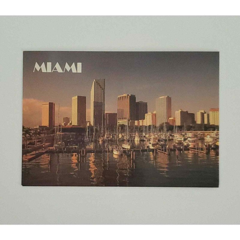 Miami Beach Harbor Sunset Skyline Miami FL Postcard Harbor Boats ...