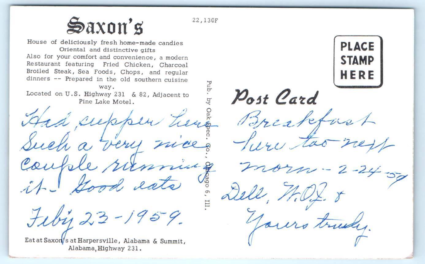 HARPERSVILLE, AL Alabama ~ SAXON'S RESTAURANT & CANDIES 1959 Roadside ...