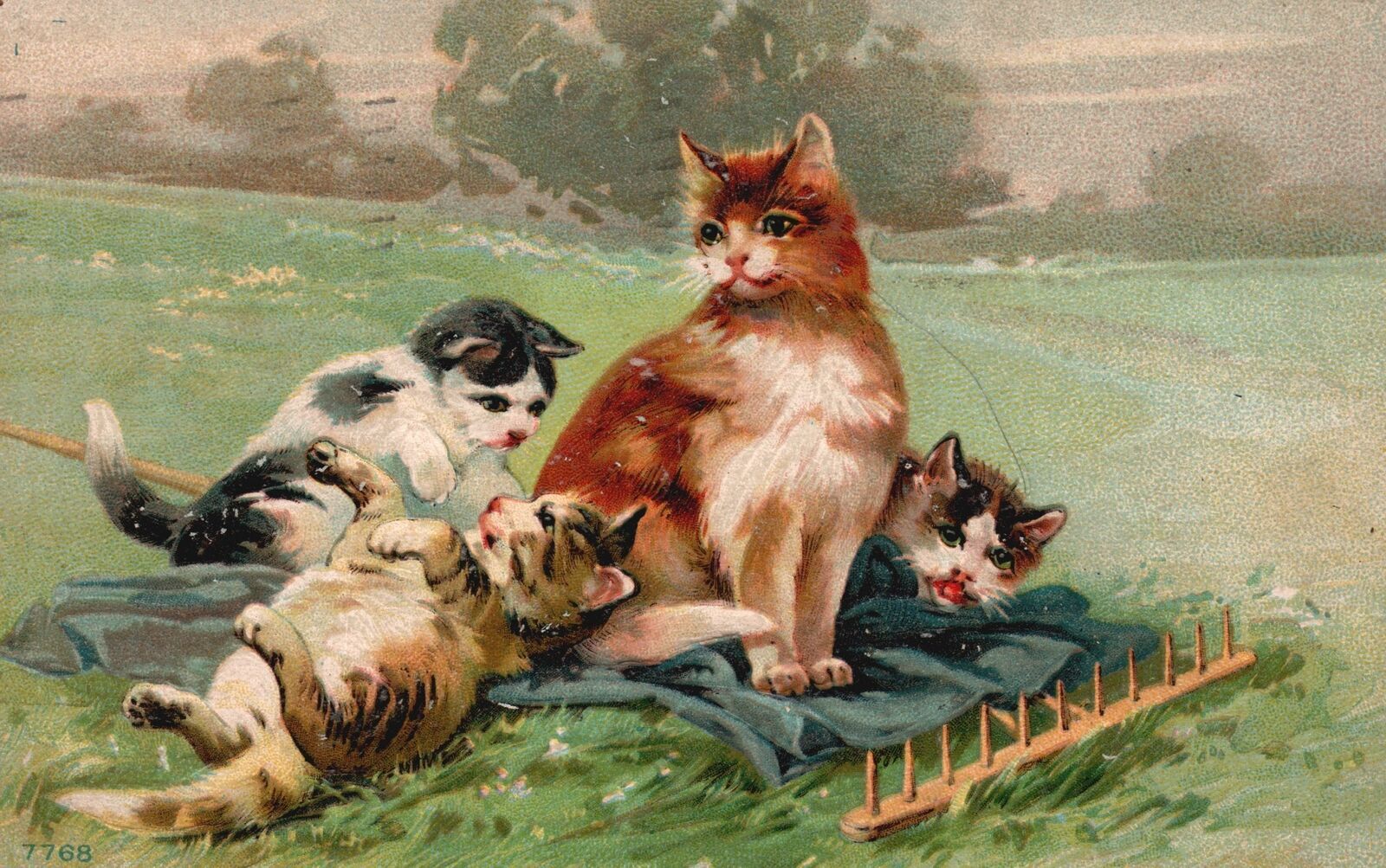 Vintage Postcard 1910 Group Family of Cats Kitten Playing Outside Green ...