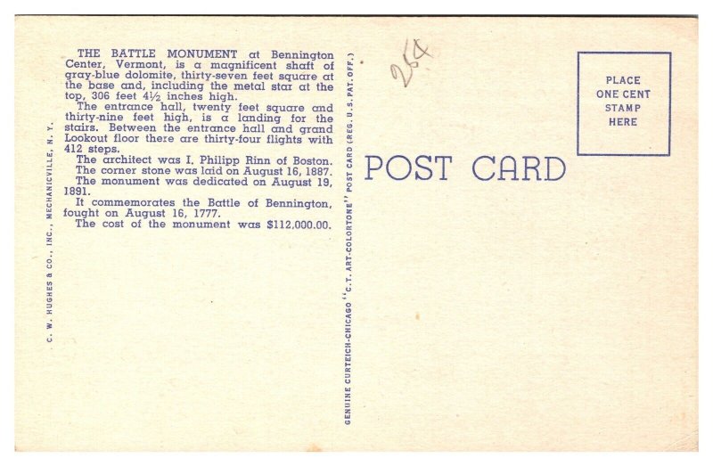 Vintage Battle Monument and Col. Seth Warner Monument, Bennington, VT ...