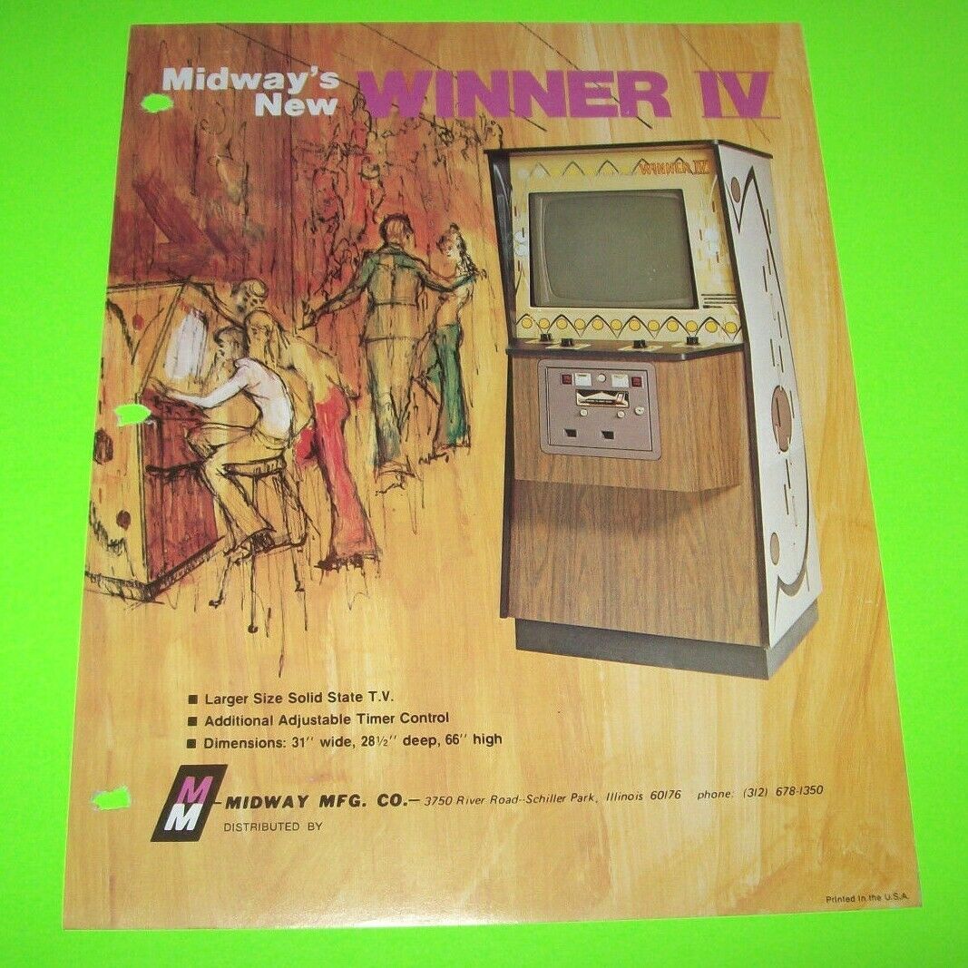 Winner IV Arcade FLYER Original Midway Video Game Artwork Sheet 1974 ...