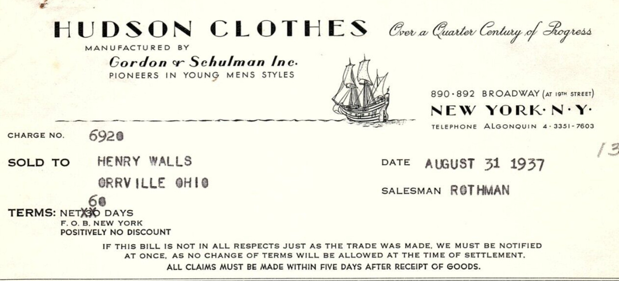 1937 Hudson Clothes Gordon and Schulman N.Y. Young Men's Billhead ...