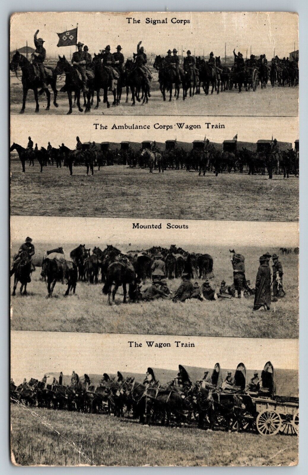 US Army Postcard - Army Signal Corp - Ambulance Corp - Scouts - Wagon ...