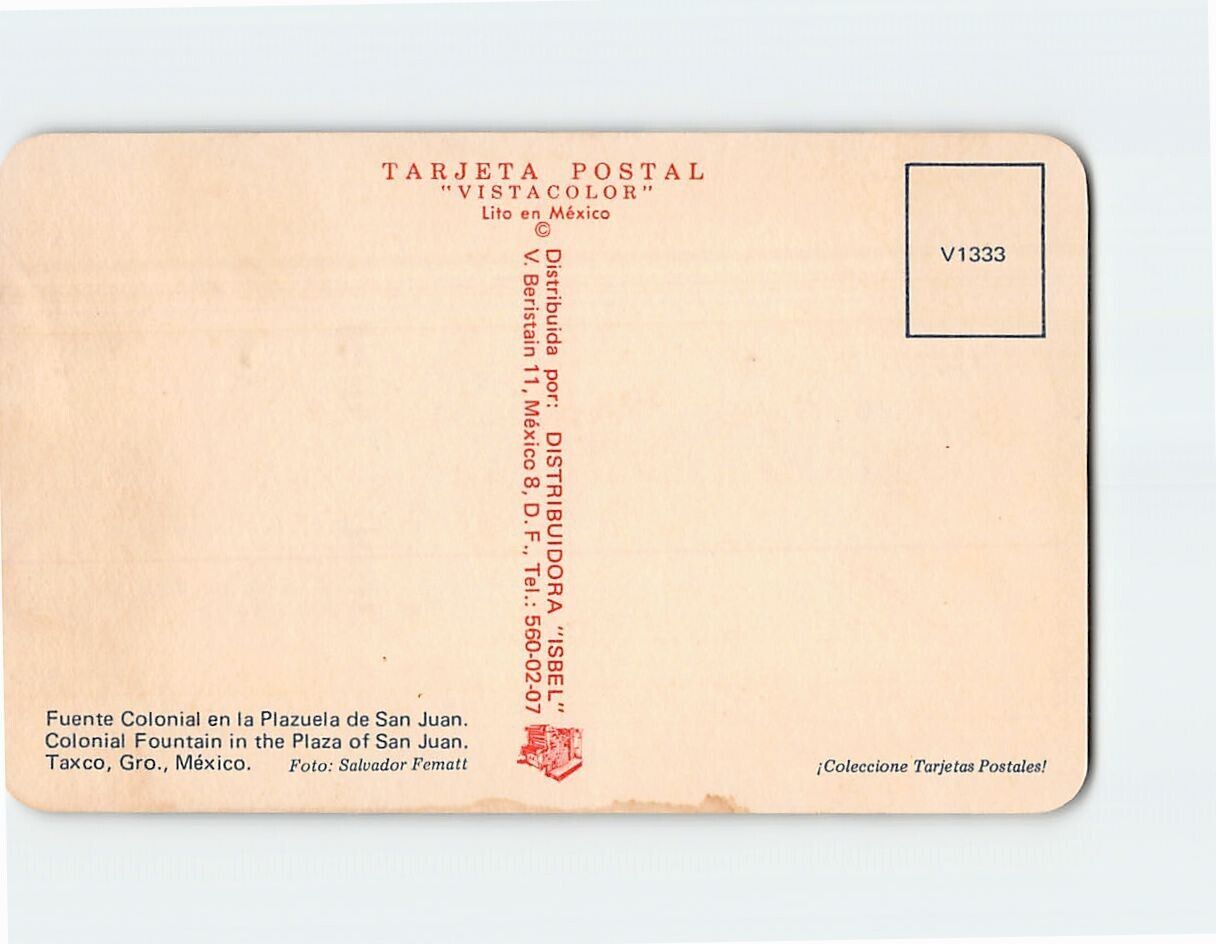 Postcard Colonial Fountain in the Plaza of San Juan, Taxco, Mexico ...